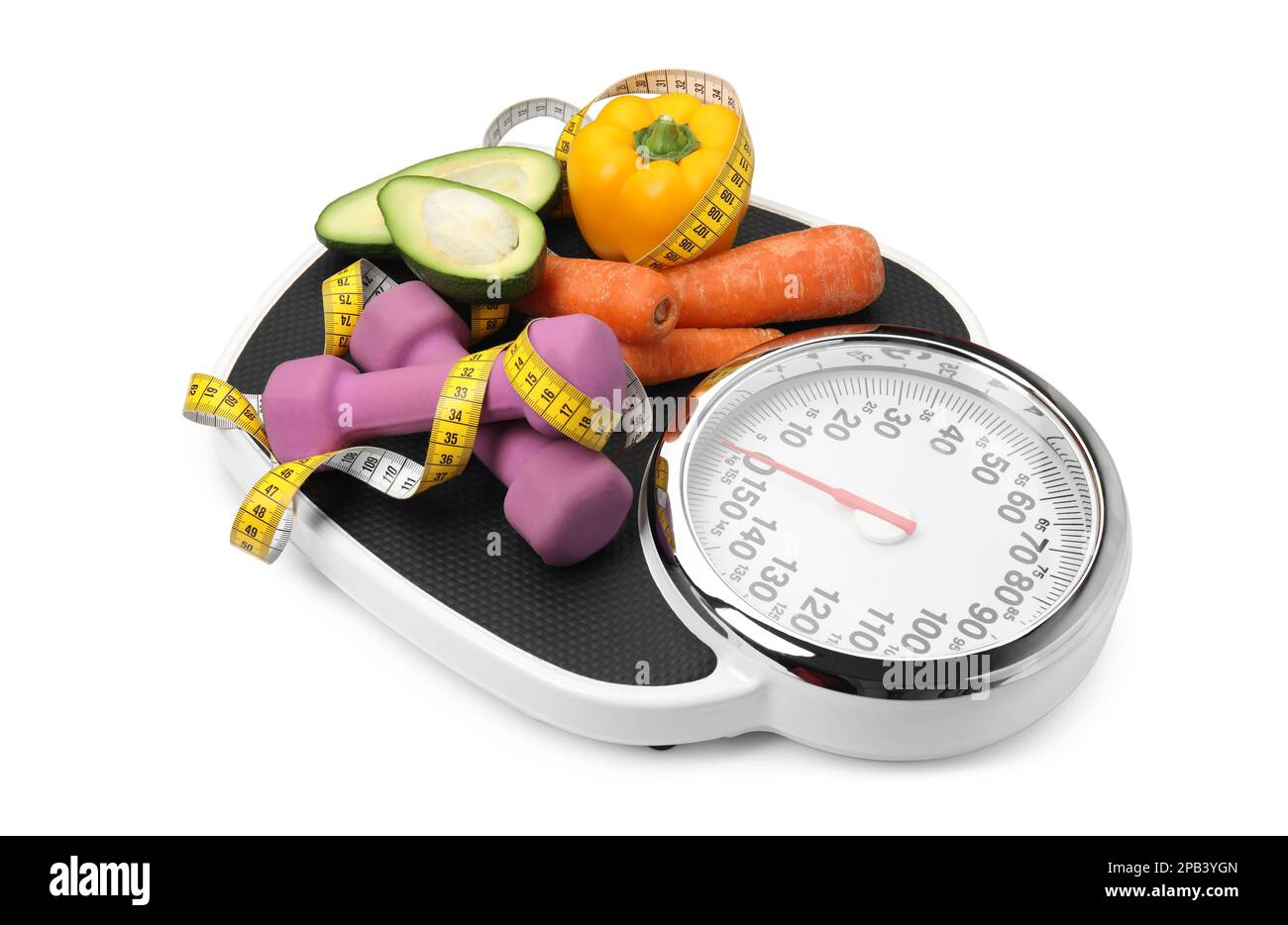 Scales, healthy food, dumbbells and measuring tape on white background ...