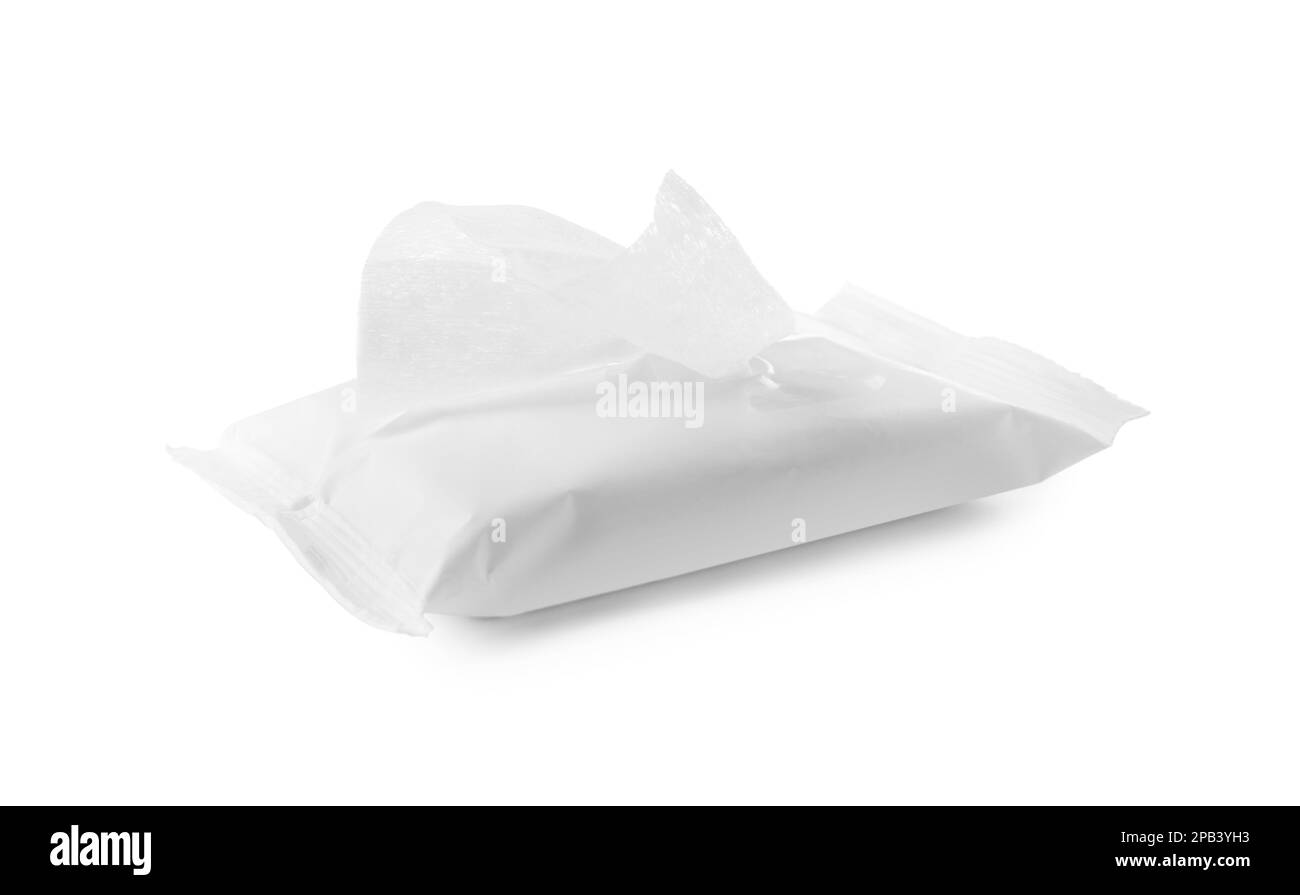 Open wet wipes flow pack isolated on white Stock Photo - Alamy