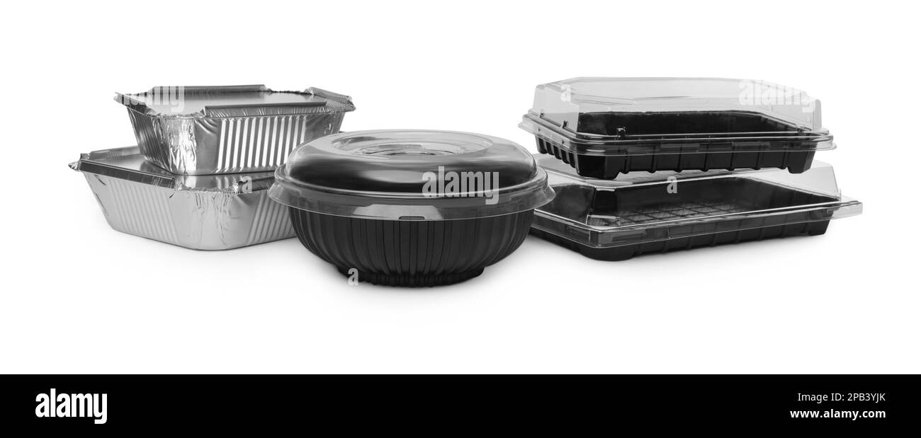 Set of different containers for food on white background Stock Photo ...