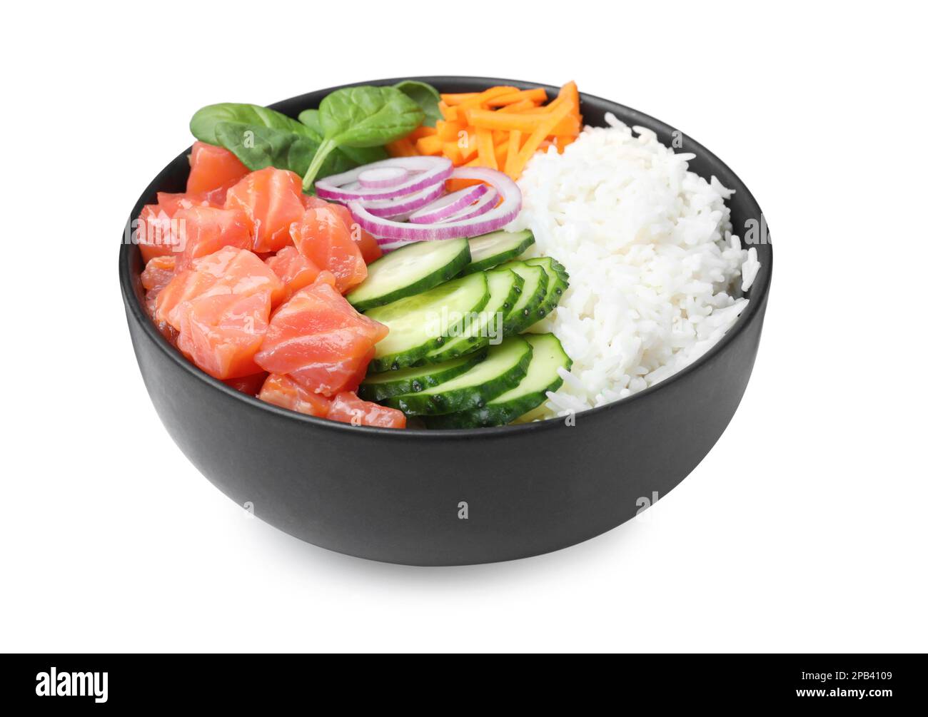 Delicious poke bowl with salmon and vegetables isolated on white Stock ...