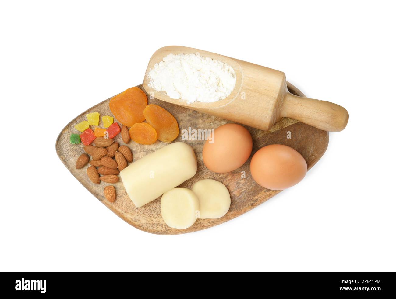 Marzipan and other ingredients for homemade Stollen on white background ...
