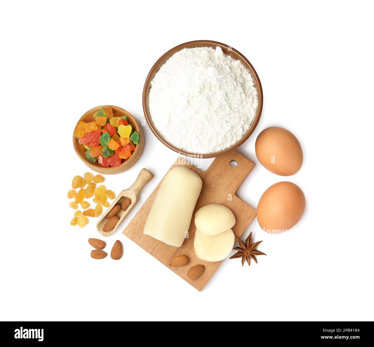 Marzipan and other ingredients for homemade Stollen on white background ...