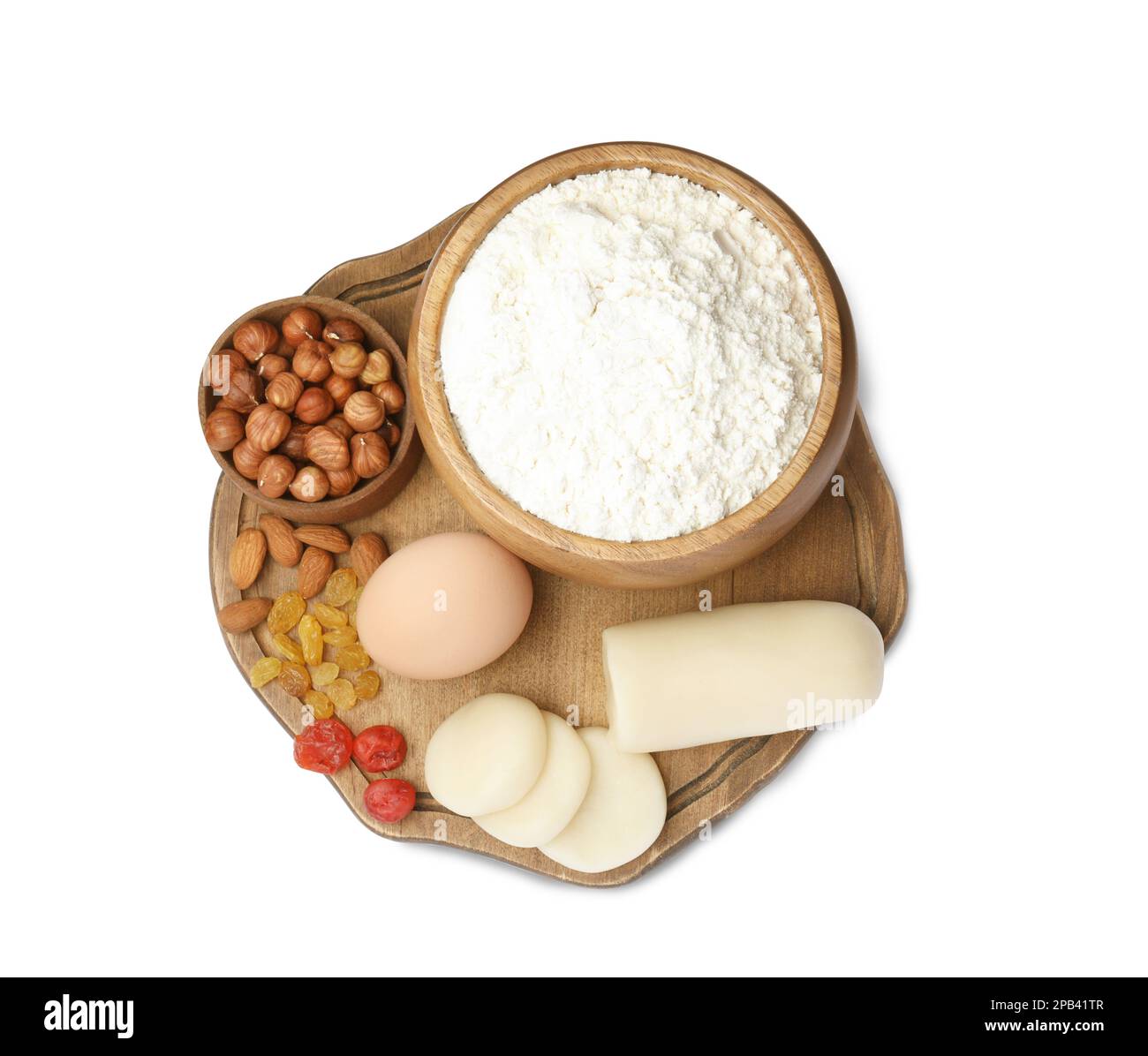 Marzipan and other ingredients for homemade Stollen on white background ...