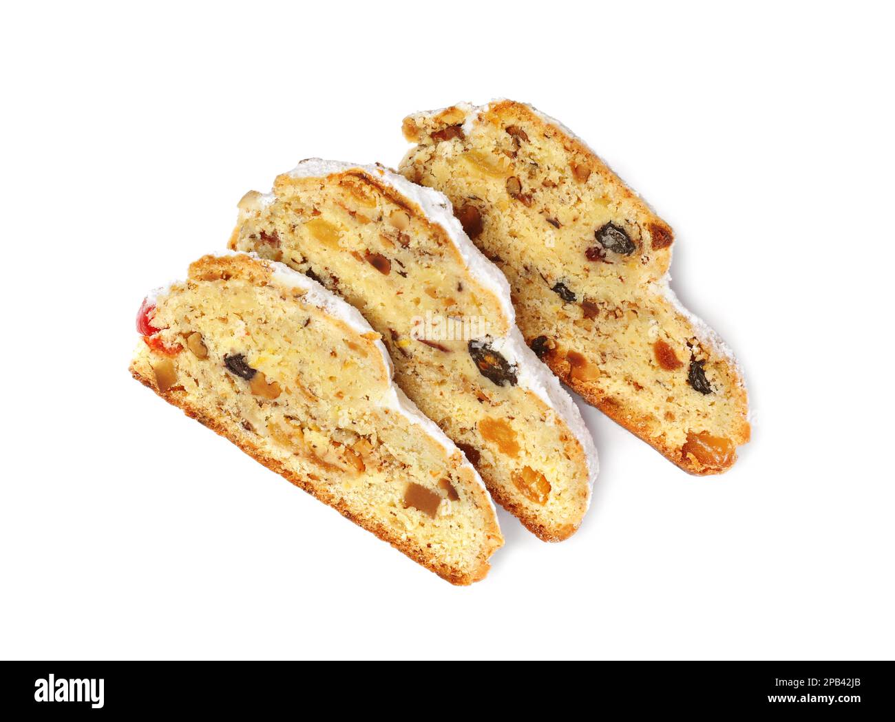 Traditional Christmas Stollen with icing sugar on white background, top ...