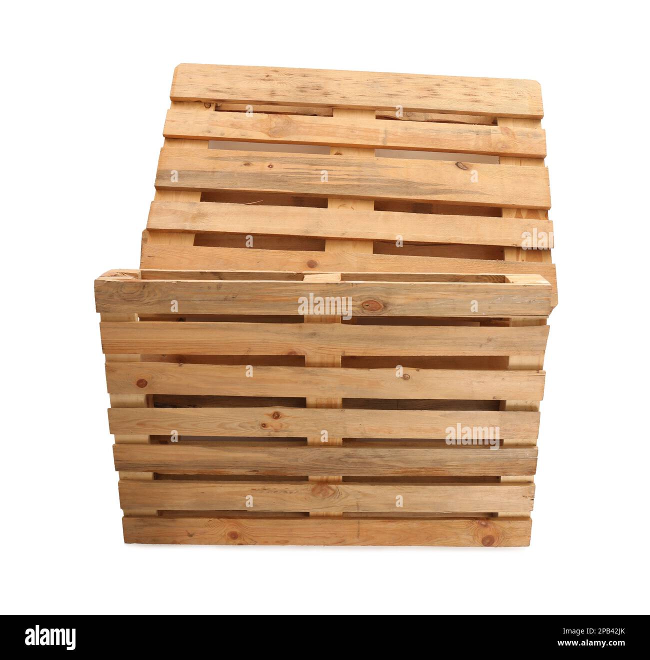 Wooden pallets isolated on white, top view. Transportation and storage ...