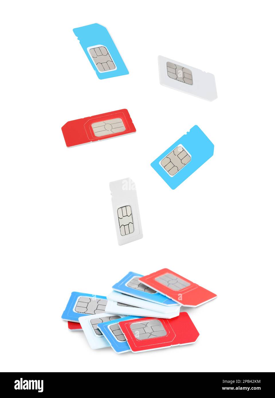 Many different SIM cards falling on white background Stock Photo - Alamy