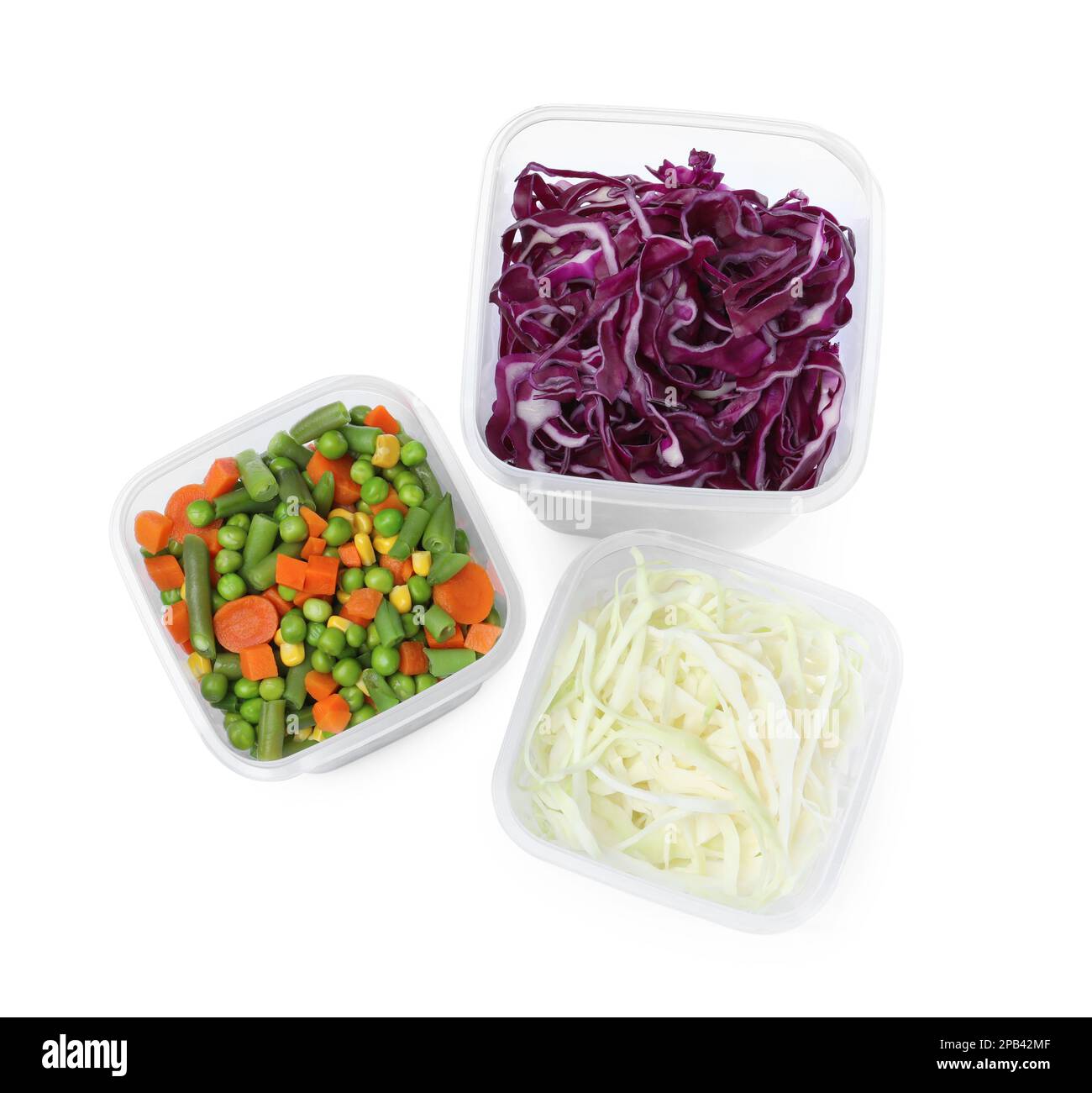 Fresh vegetables in plastic containers on white background, top view ...
