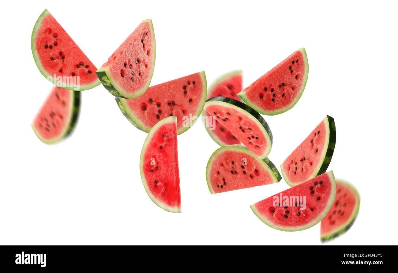 Slices of delicious ripe watermelon falling on white background Stock ...