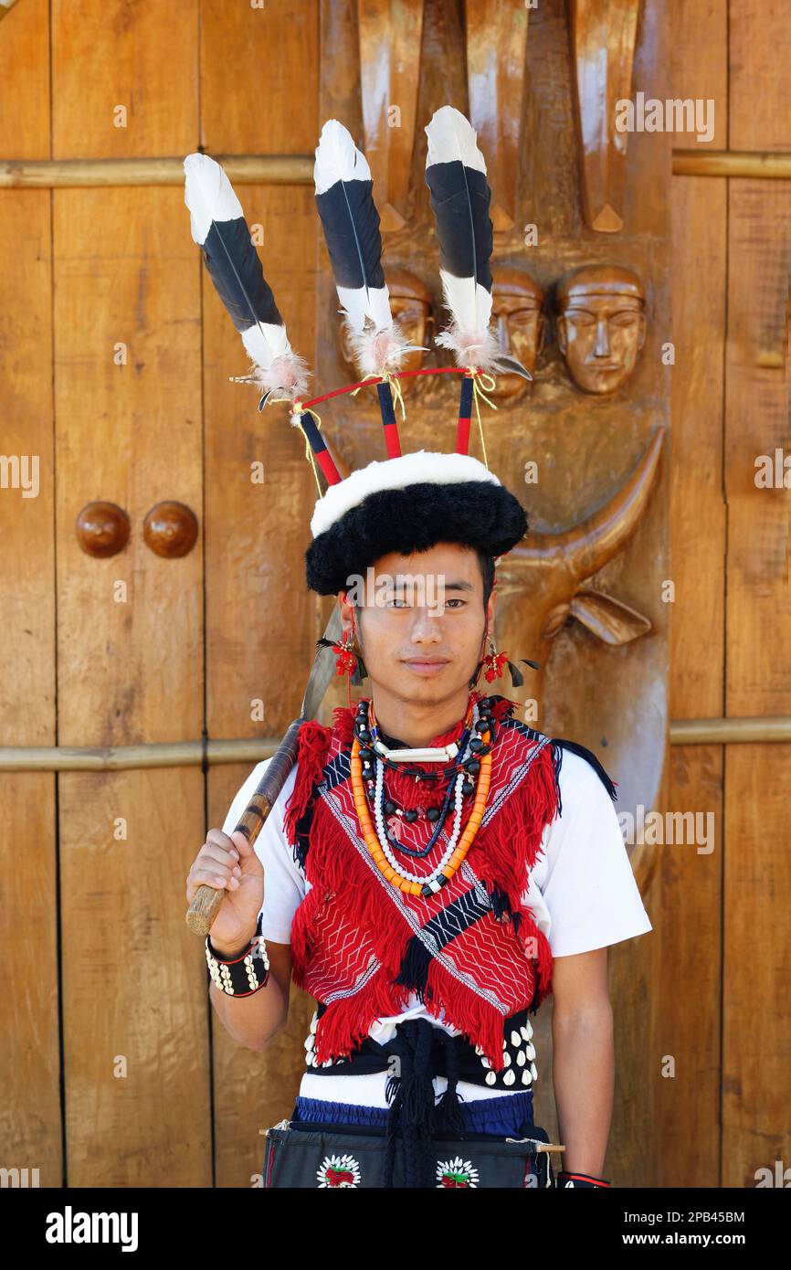 Naga tribesman in traditional dress, Kisima Nagaland Hornbill Festival ...