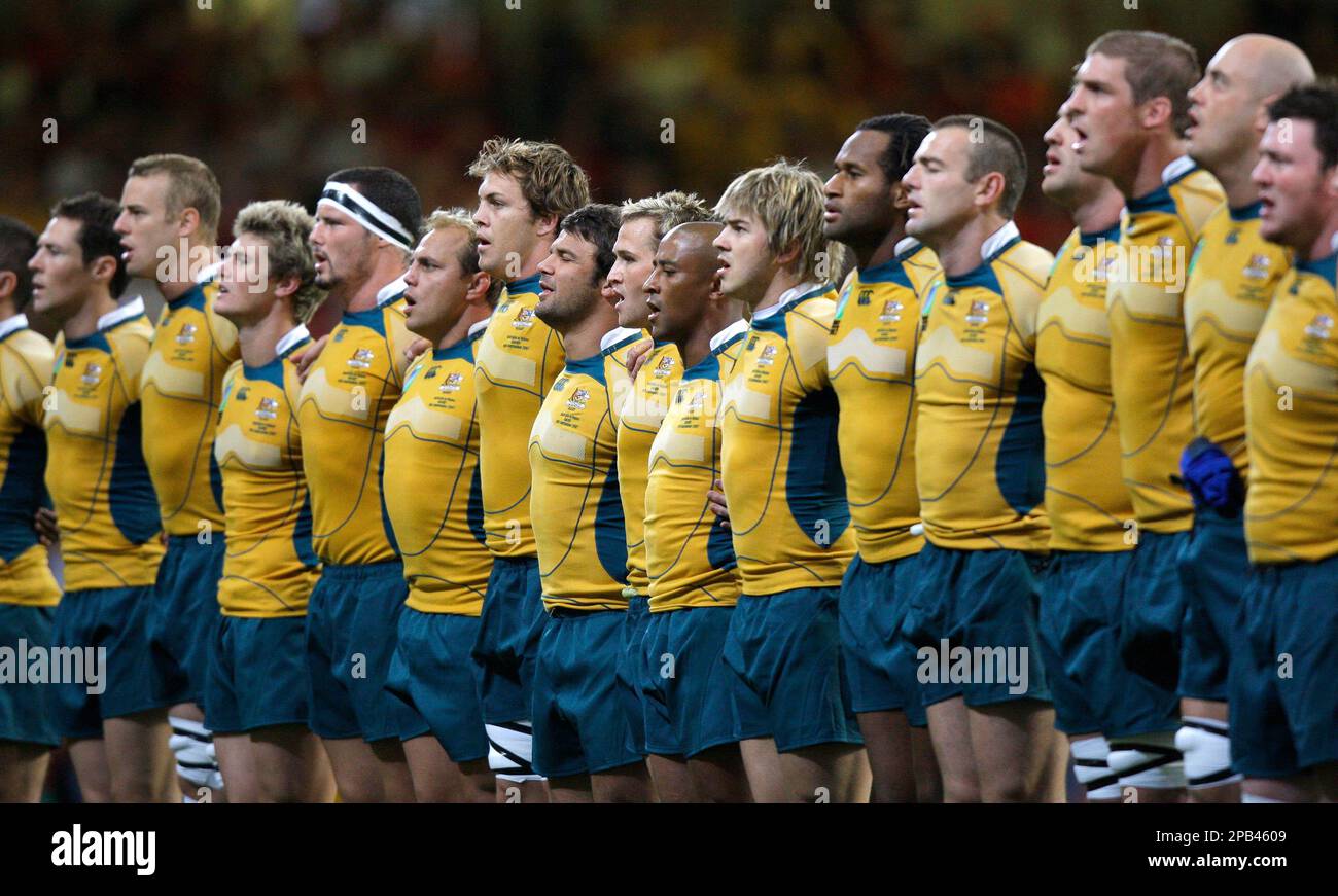 Australian players line up for the national anthem before the the Rugby ...