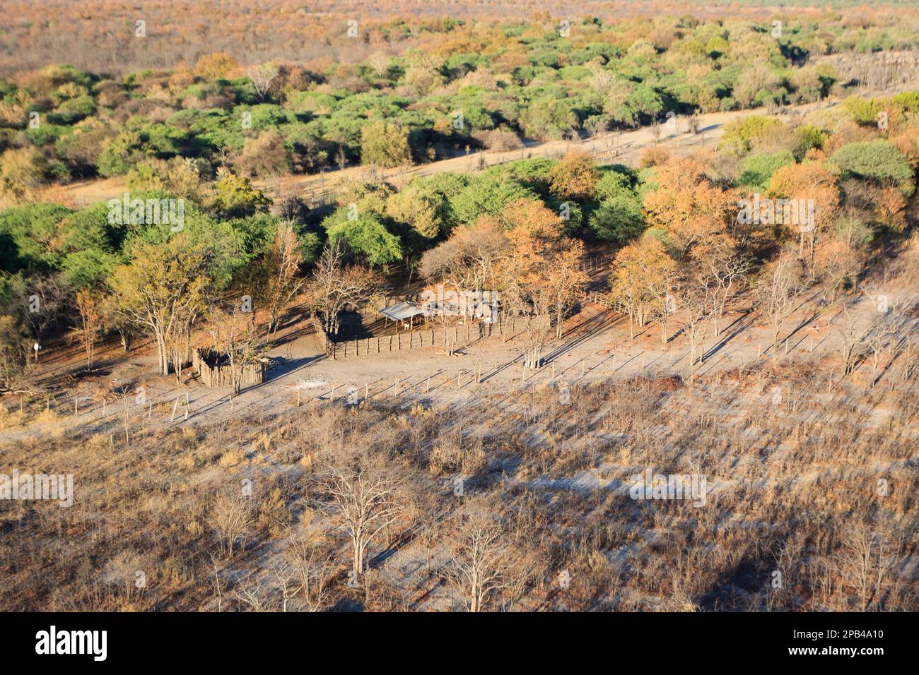 Aerial view of the countryside, animal paths, local farm house and ...