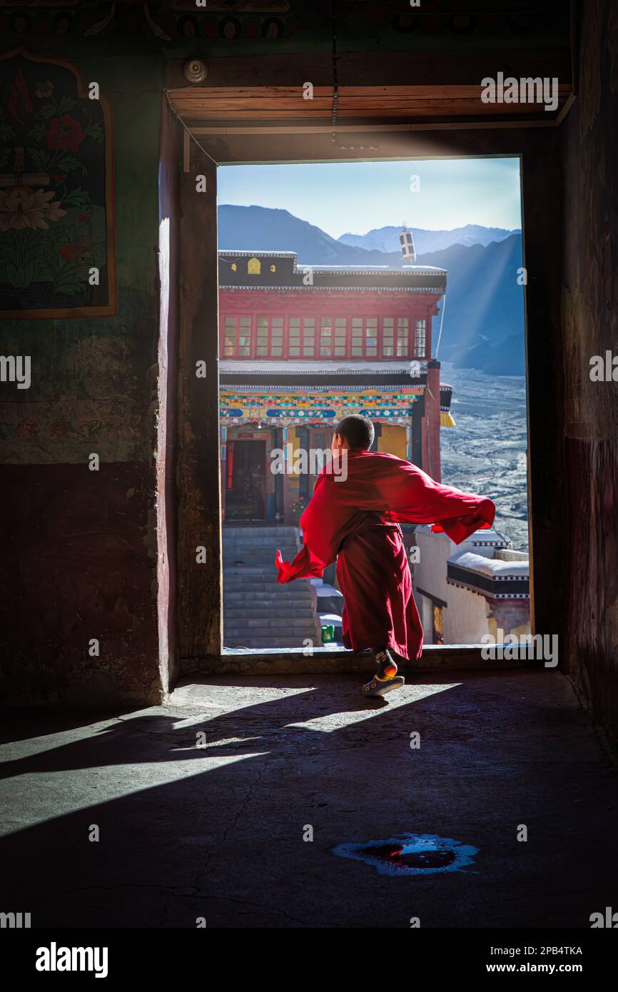 A young monk going through a door at Thiksey Monastery, Ladakh, India ...