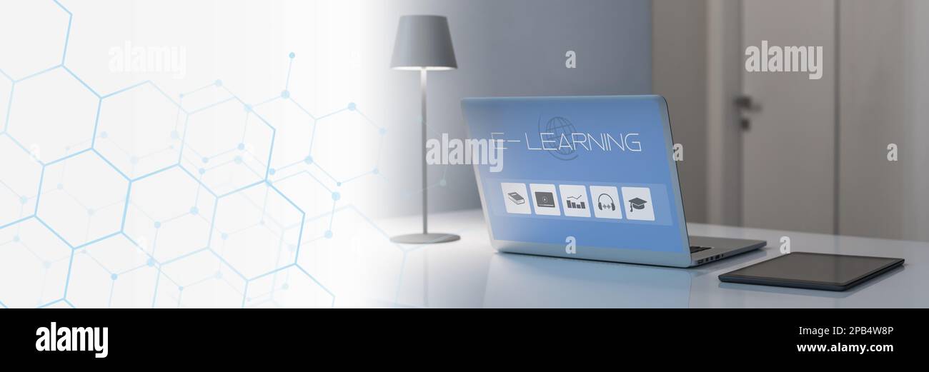 E-learning, education, study online concept. Laptop and tablet on desk ...