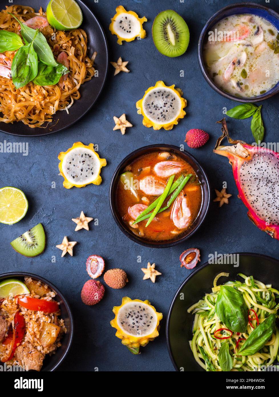 Assorted Thai food. Traditional dishes of Thai cuisine. Tom yum, tom ...