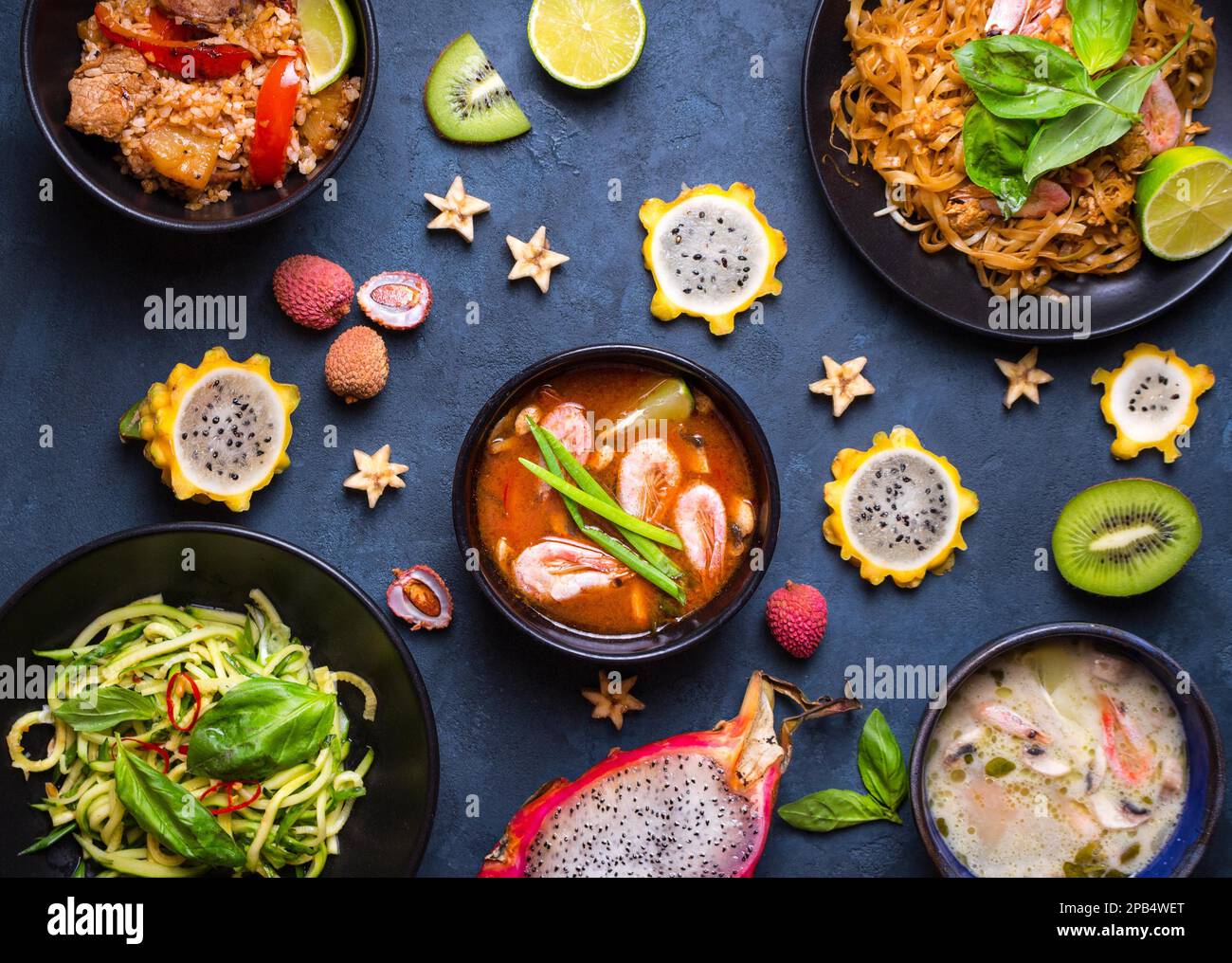 Assorted Thai food. Traditional dishes of Thai cuisine. Tom yum, tom ...