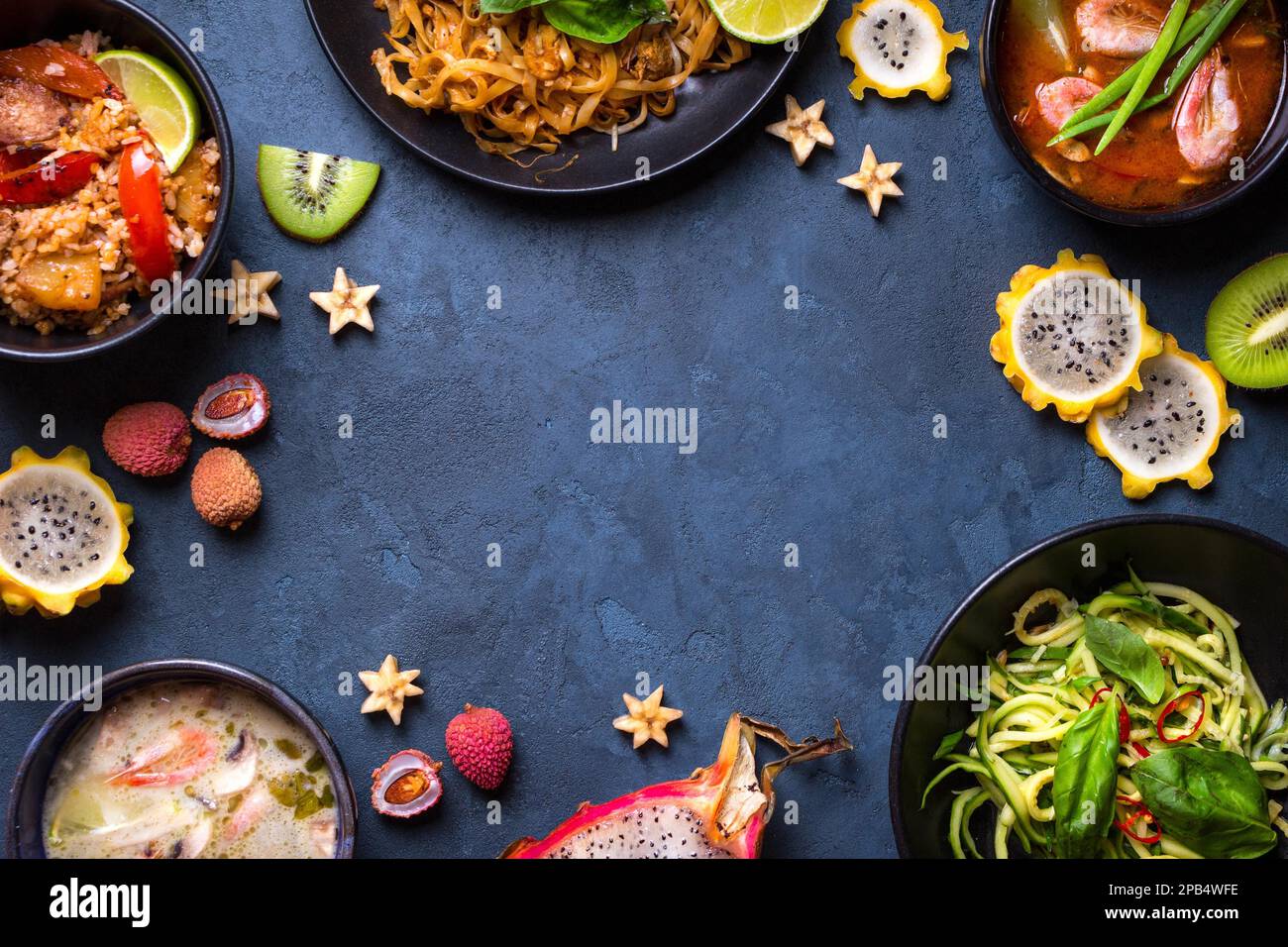 Thai food background. Dishes of thai cuisine. Tom yum, tom kha gai, pad ...