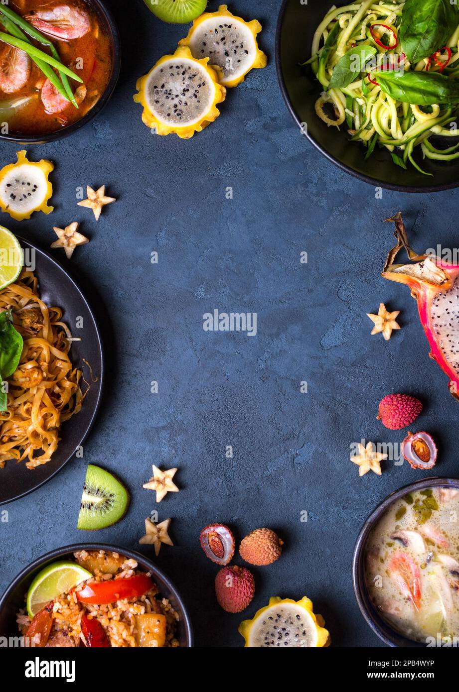 Thai food background. Dishes of thai cuisine. Tom yum, tom kha gai, pad ...