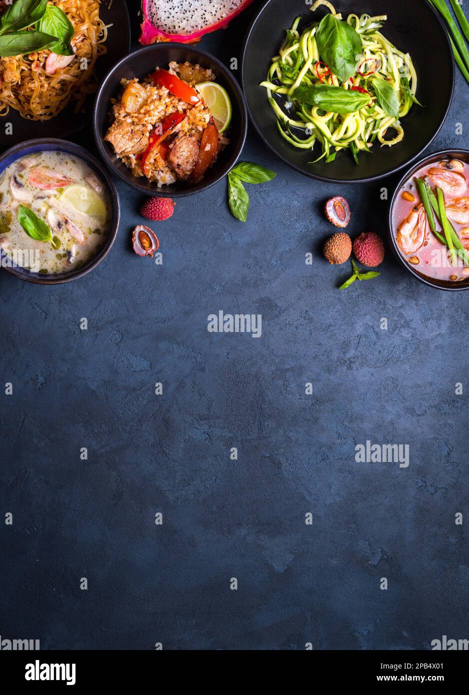 Thai food background. Dishes of thai cuisine. Tom yum, tom kha gai, pad ...