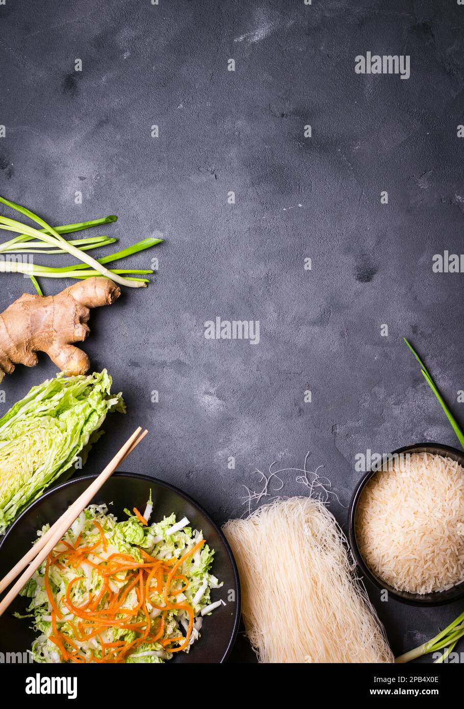 Ingredients for making chinese dinner: rice noodles, rice, napa cabbage ...