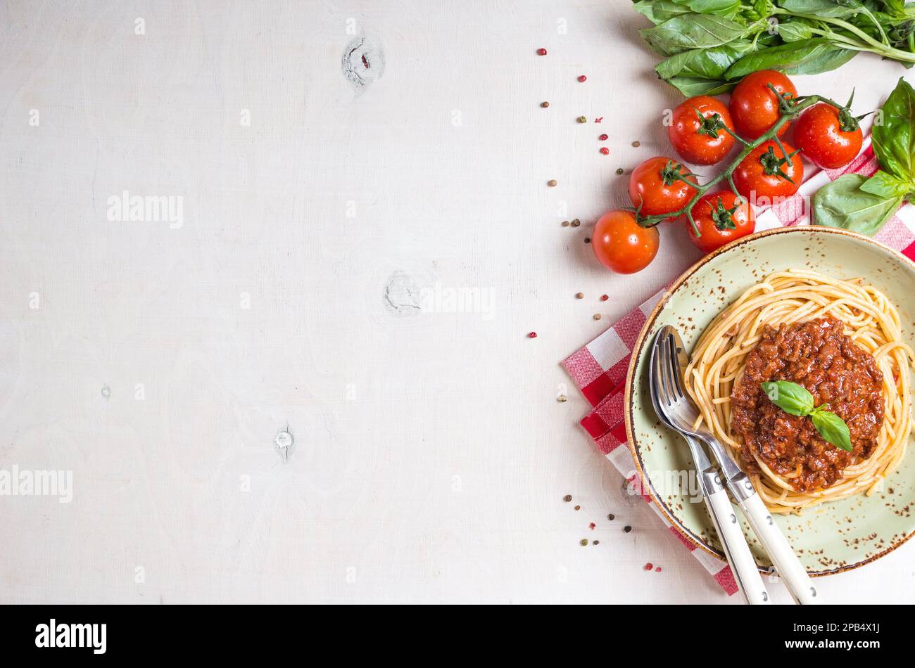 Italian pasta bolognese. Spaghetti with meat and tomato sauce in a ...