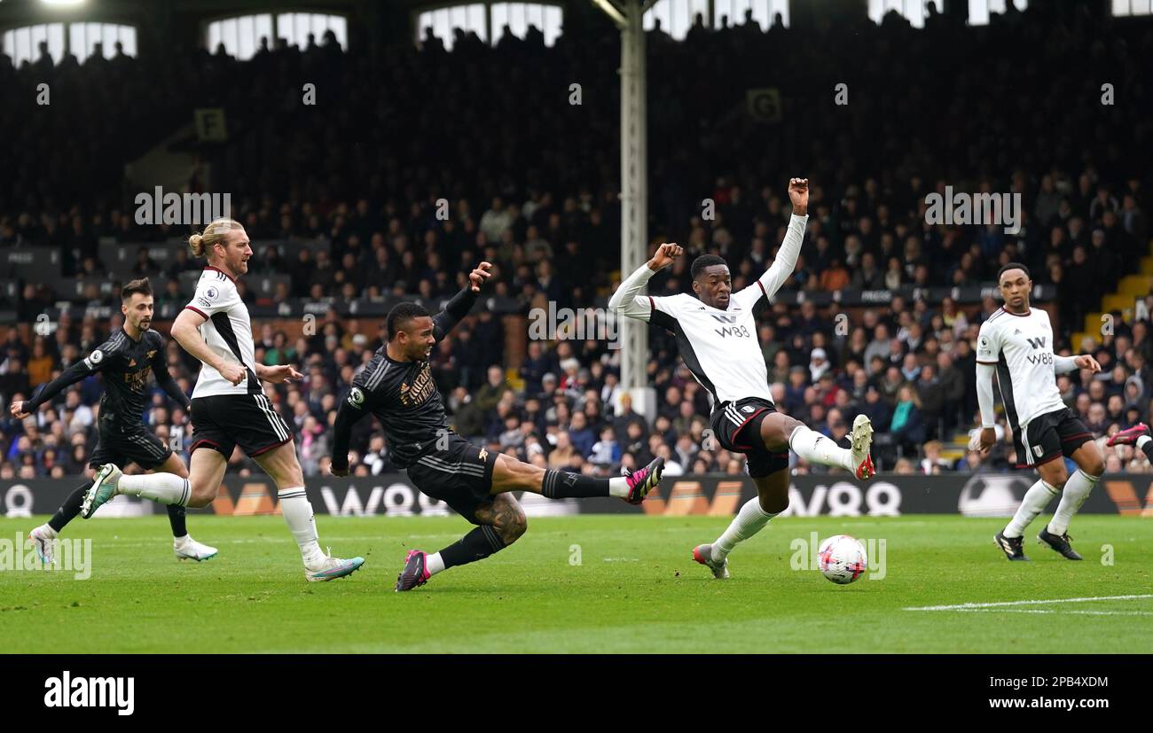 Arsenal's Gabriel Jesus shoots at goal during the Premier League match ...