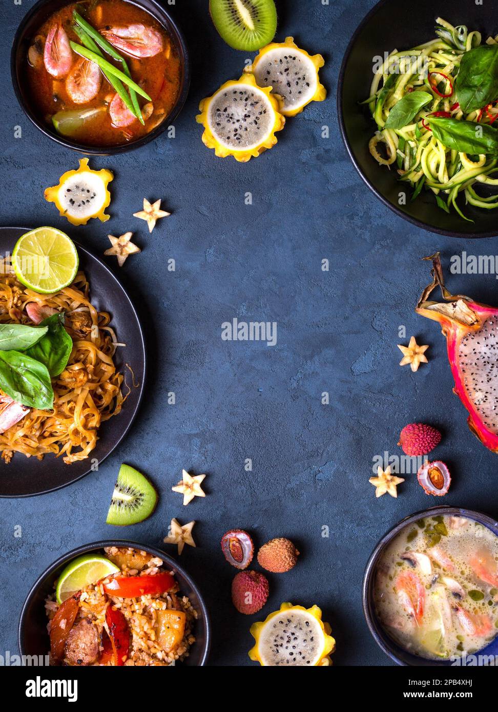 Thai food background. Dishes of thai cuisine. Tom yum, tom kha gai, pad ...