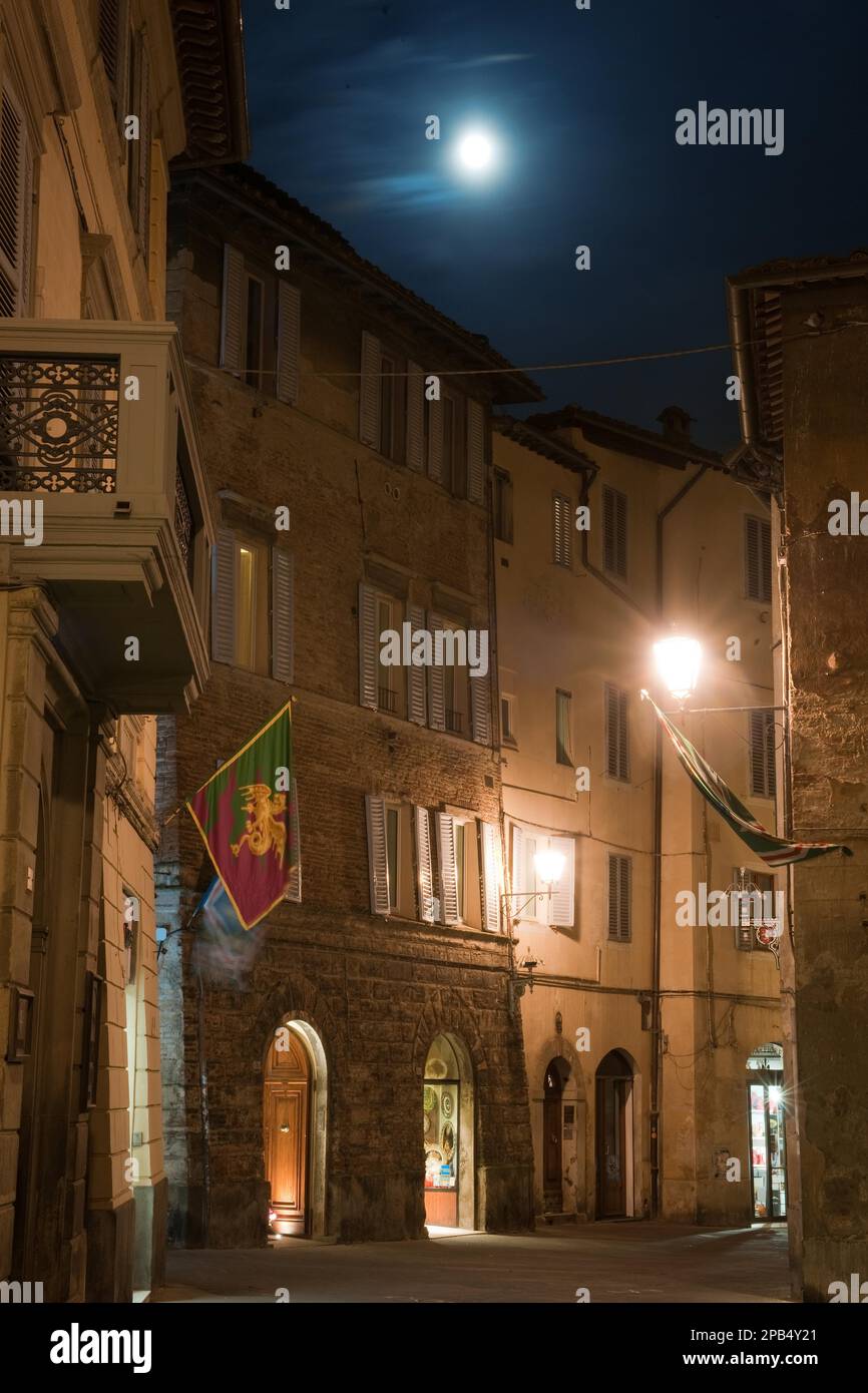 Historic city with palio flag, full moon, moonlight, Siena, Tuscany ...
