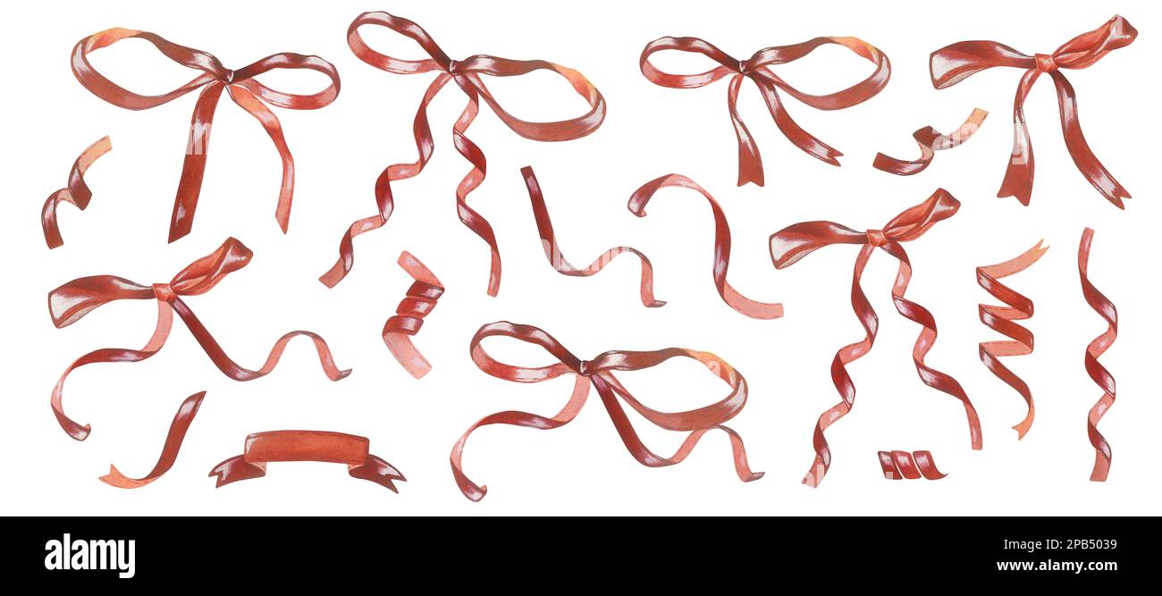 Dark red ribbons and bows. Tie something with ribbon. Watercolor ...