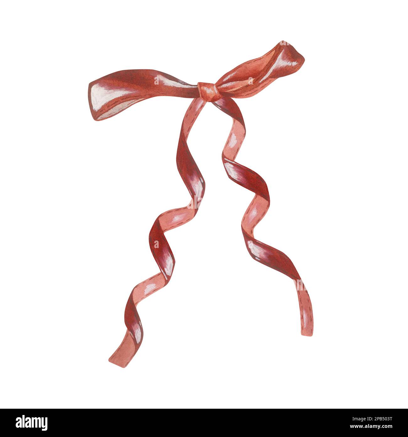 Red bow with curled ribbons. Watercolor illustration. Isolated on a ...