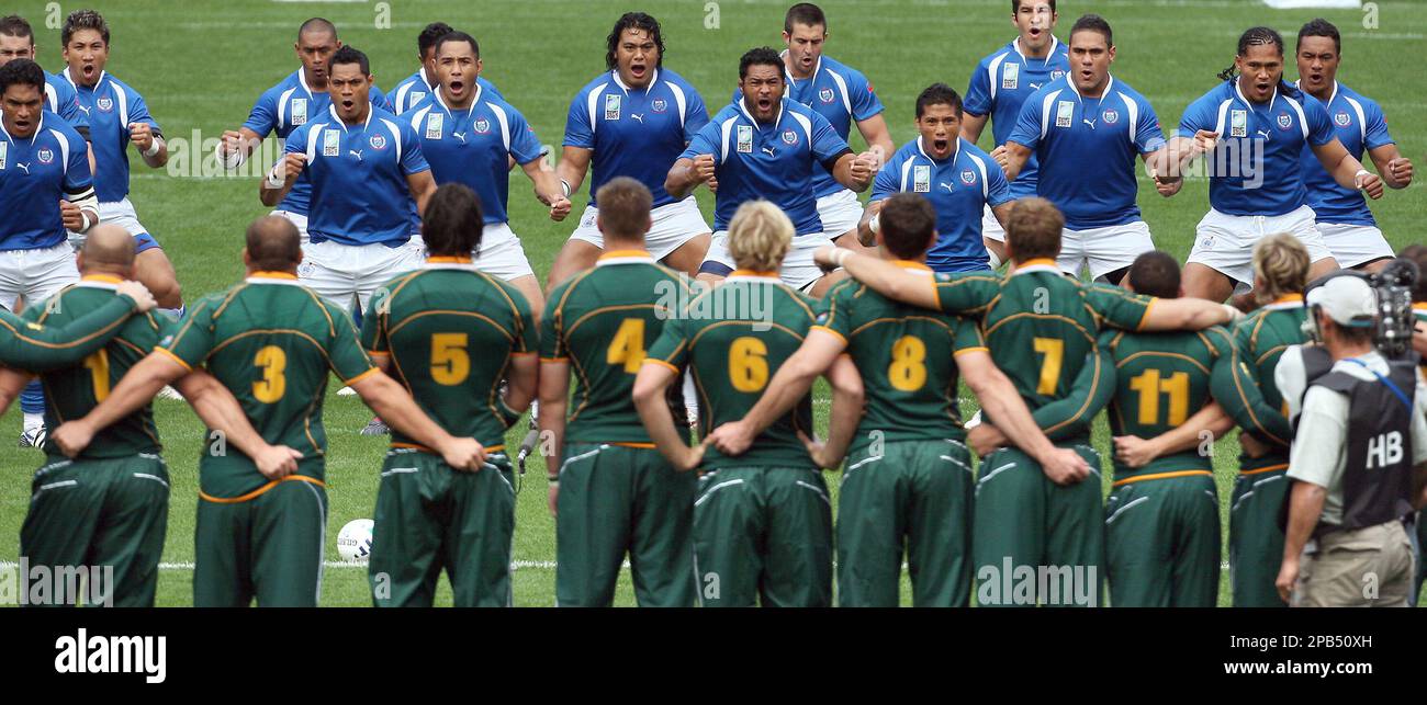 Samoa's players perform the Haka in front of South African's team prior ...