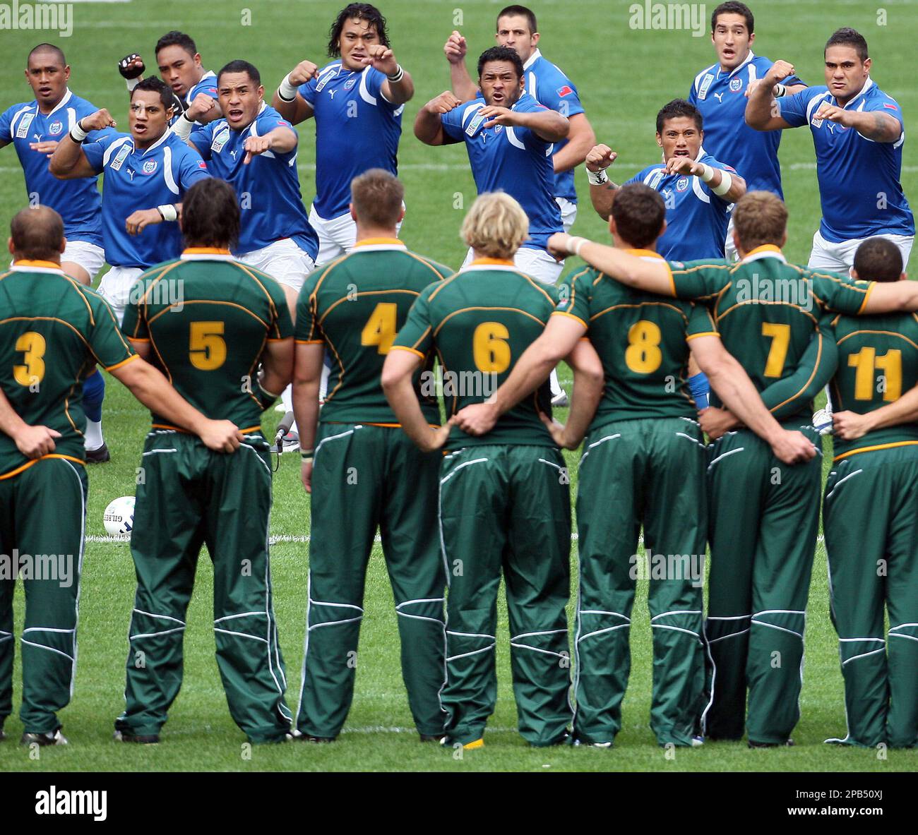 Samoa's players perform the Haka in front of South African's team prior ...