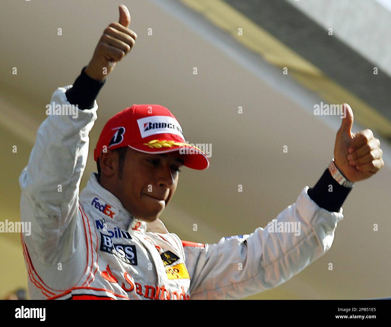 McLaren Mercedes British driver Lewis Hamilton celebrates his second ...