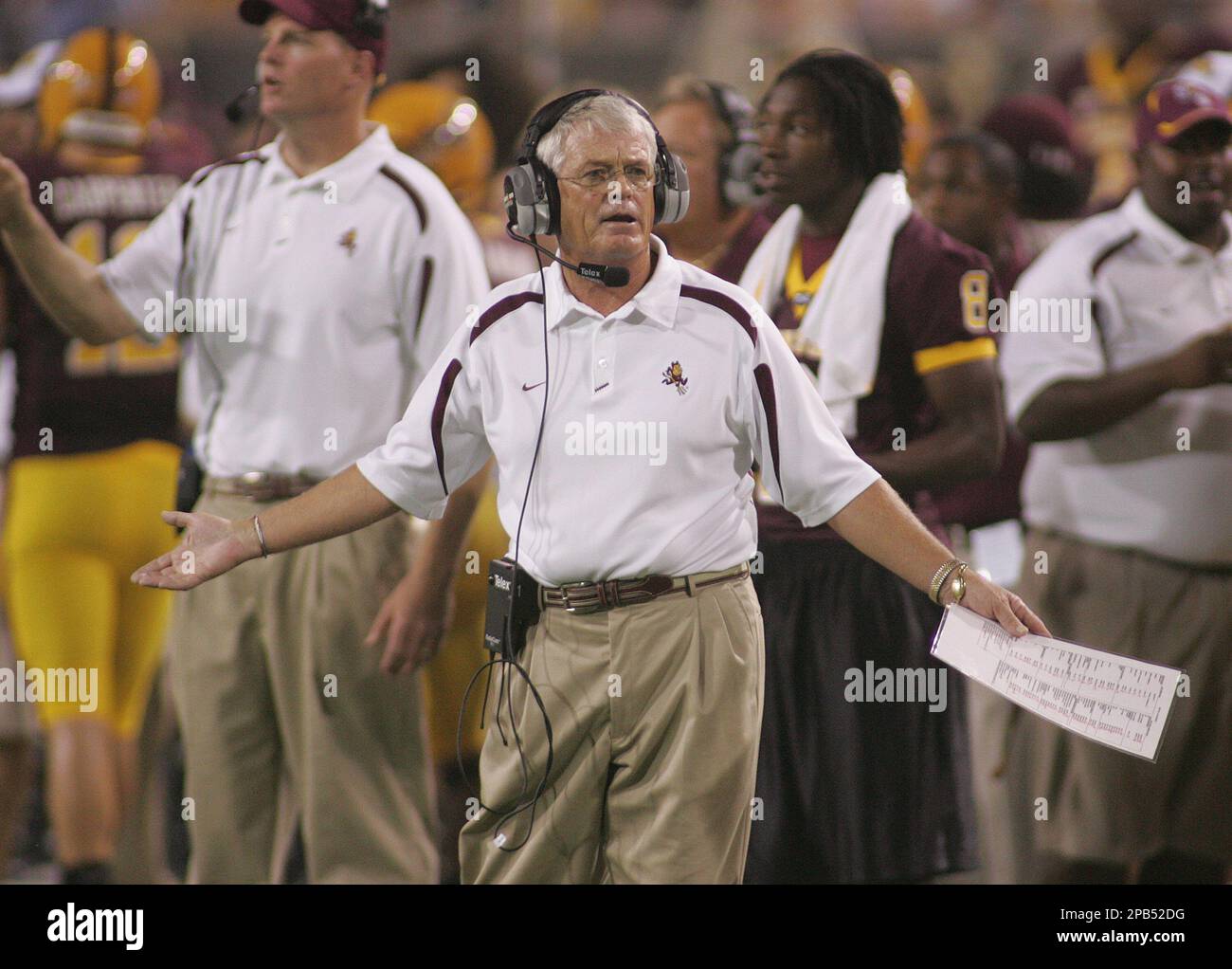 Arizona State coach Dennis Erickson gestures to an official during the ...