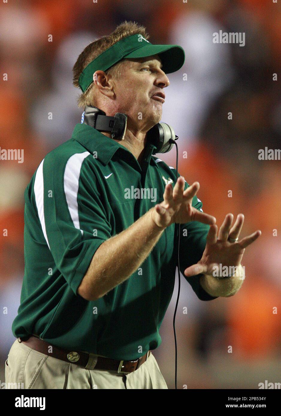 South Florida coach Jim Leavitt yells directions to his team during ...