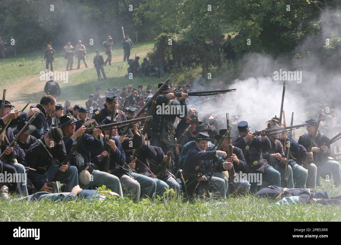 Union troops fire on the Confederates during a re-enactment of the ...
