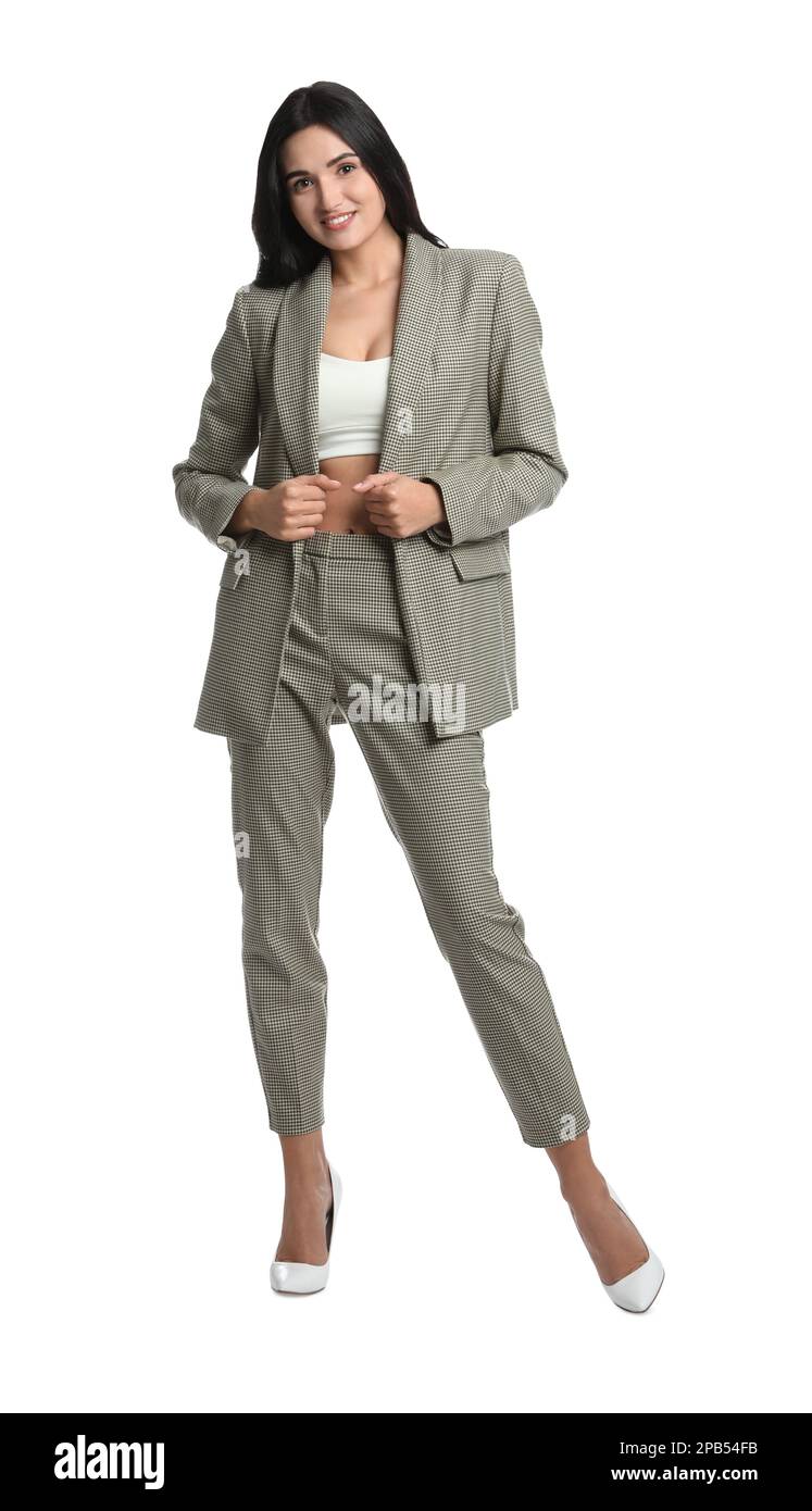 Full length portrait of beautiful woman in formal suit on white ...