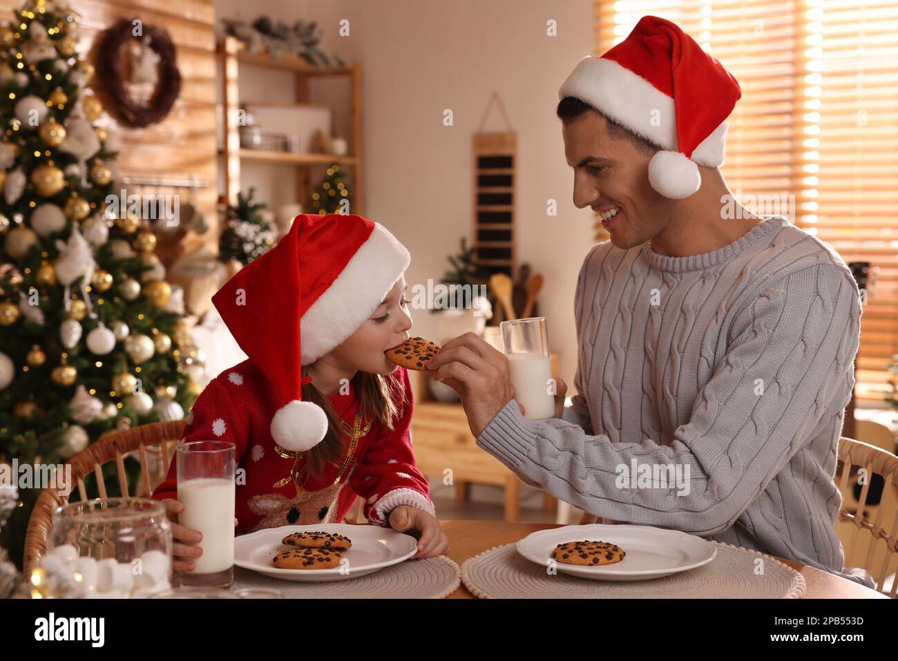 Happy father and his daughter eating delicious Christmas cookies at ...
