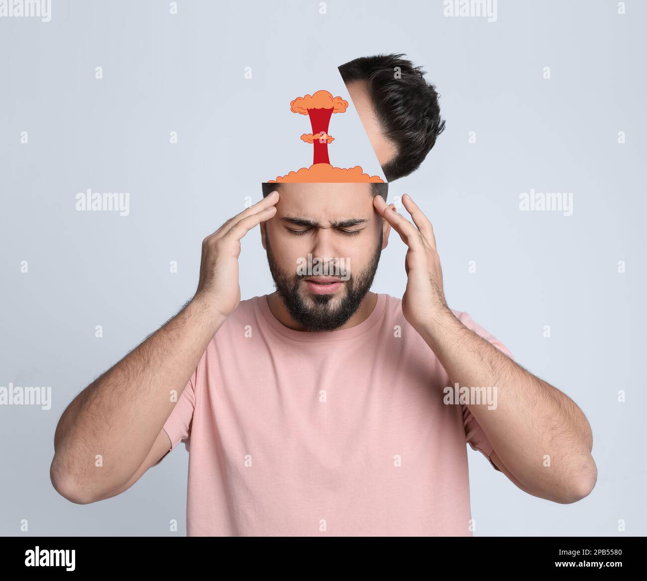 Young man having headache on light background. Illustration of atomic ...