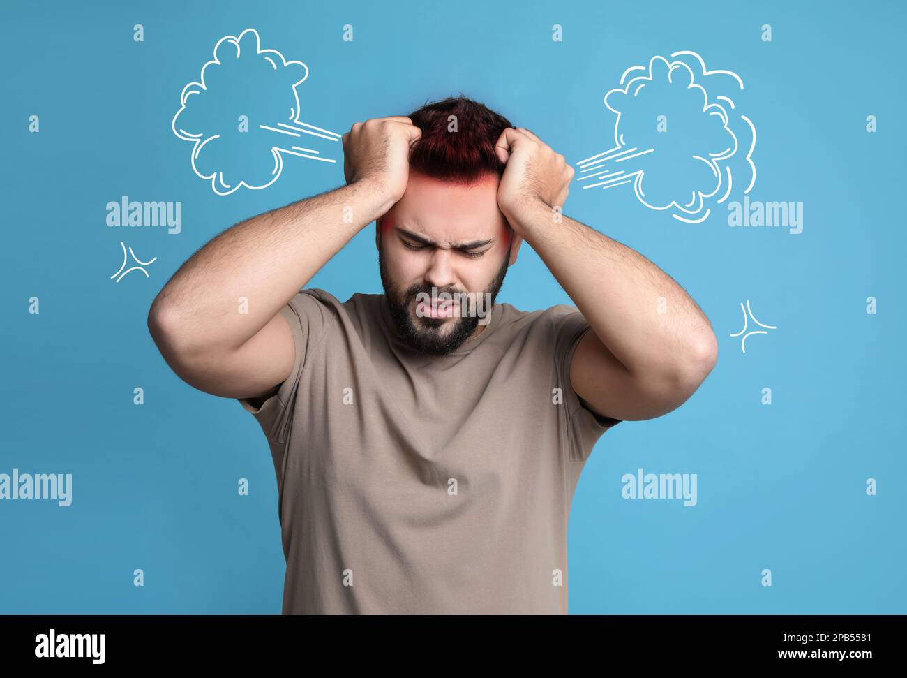 Young man having headache on light blue background. Illustration of ...