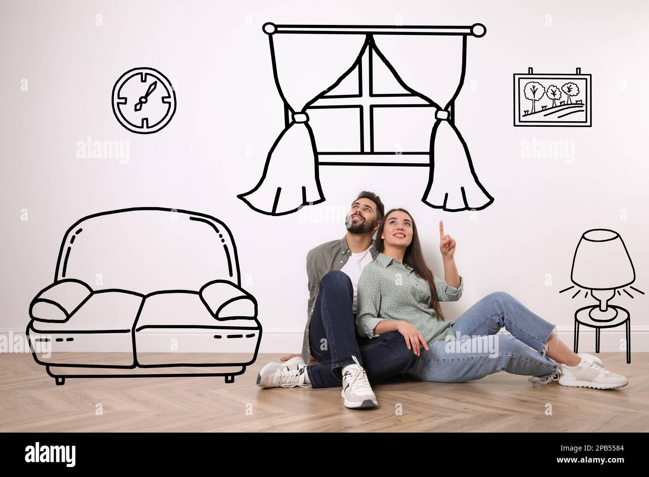 Happy couple dreaming about renovation on floor. Illustrated interior ...