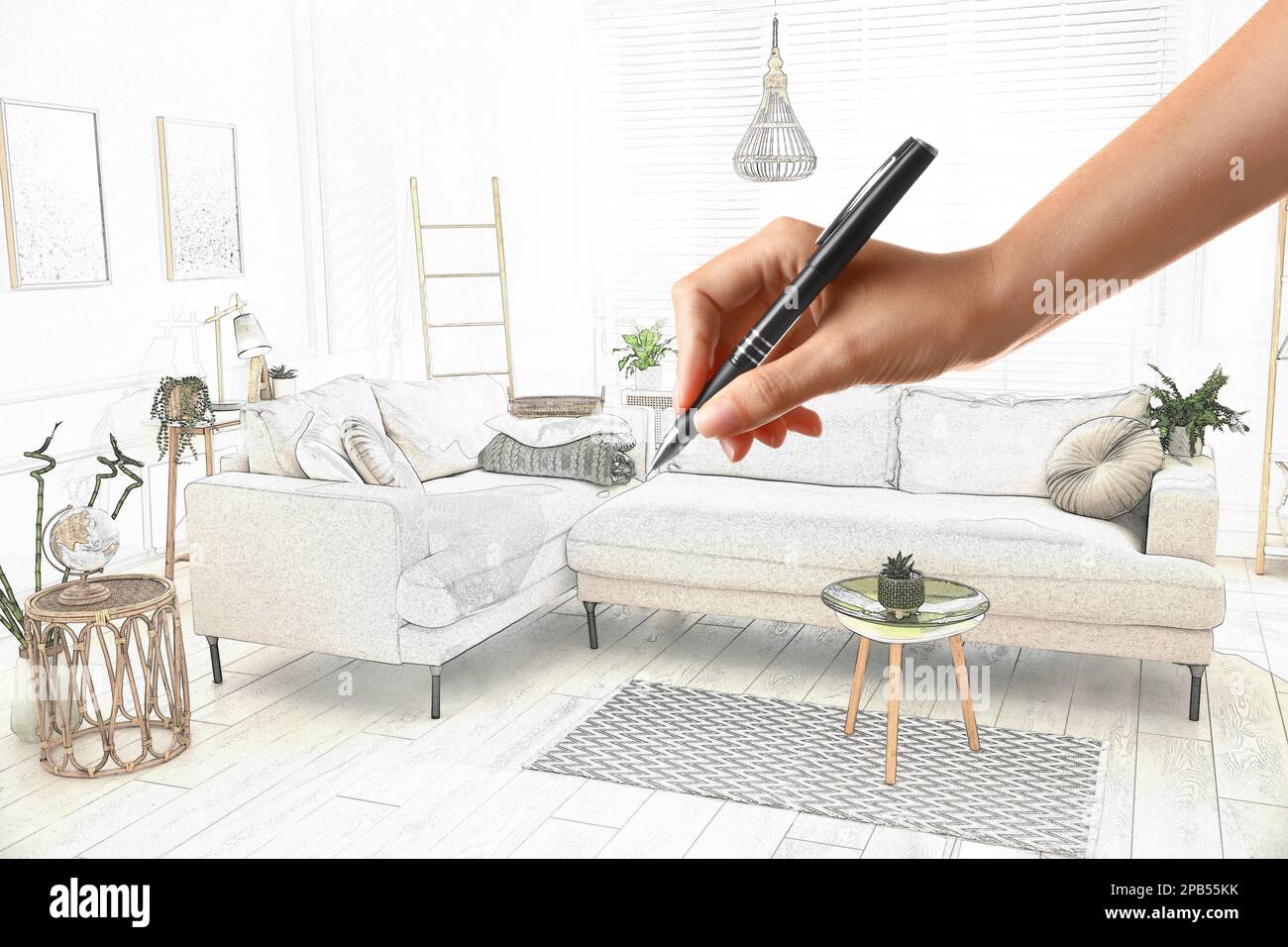 Woman drawing sketch of living room interior, closeup. Illustration ...