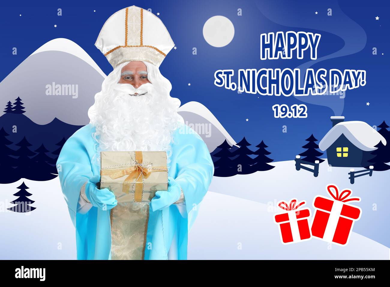 Greeting card design. Saint Nicholas with present and illustration of ...