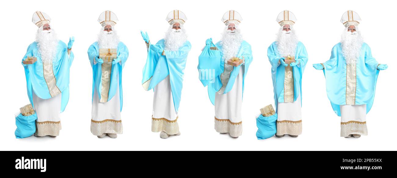Collage with photos of Saint Nicholas on white background. Banner ...