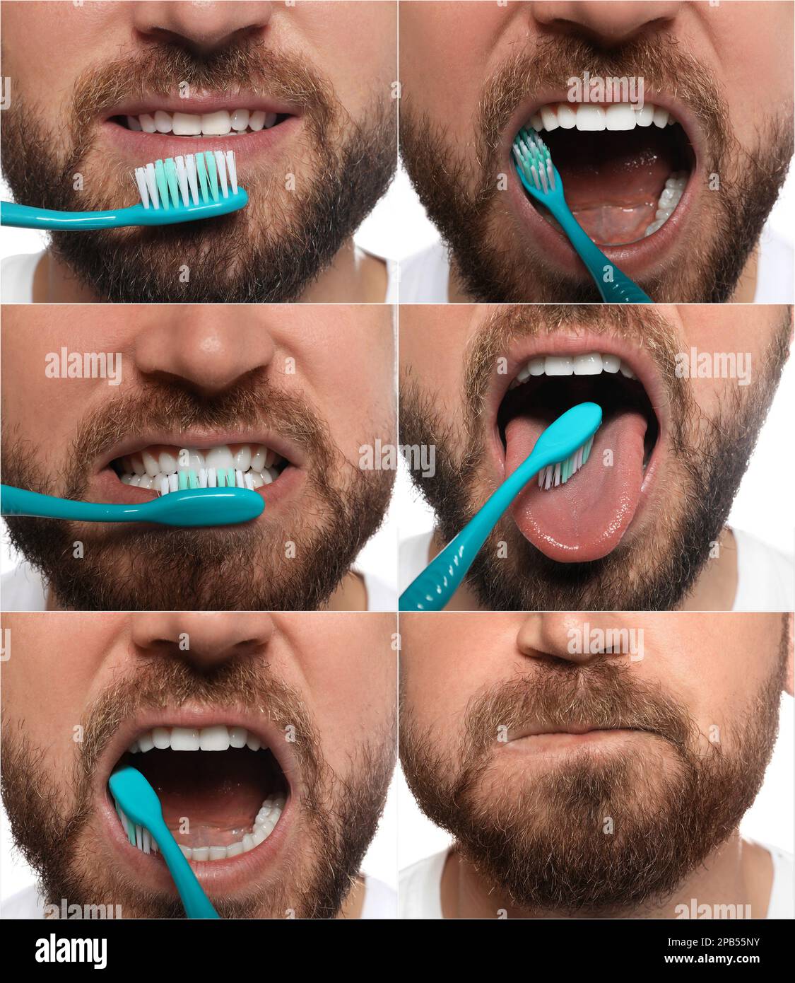 Collage with photos of man brushing teeth on white background, closeup ...