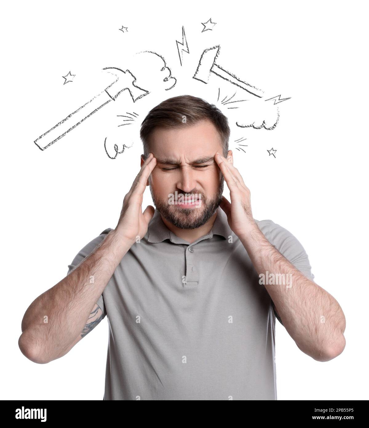 Young man having headache on white background. Illustration of hammers ...