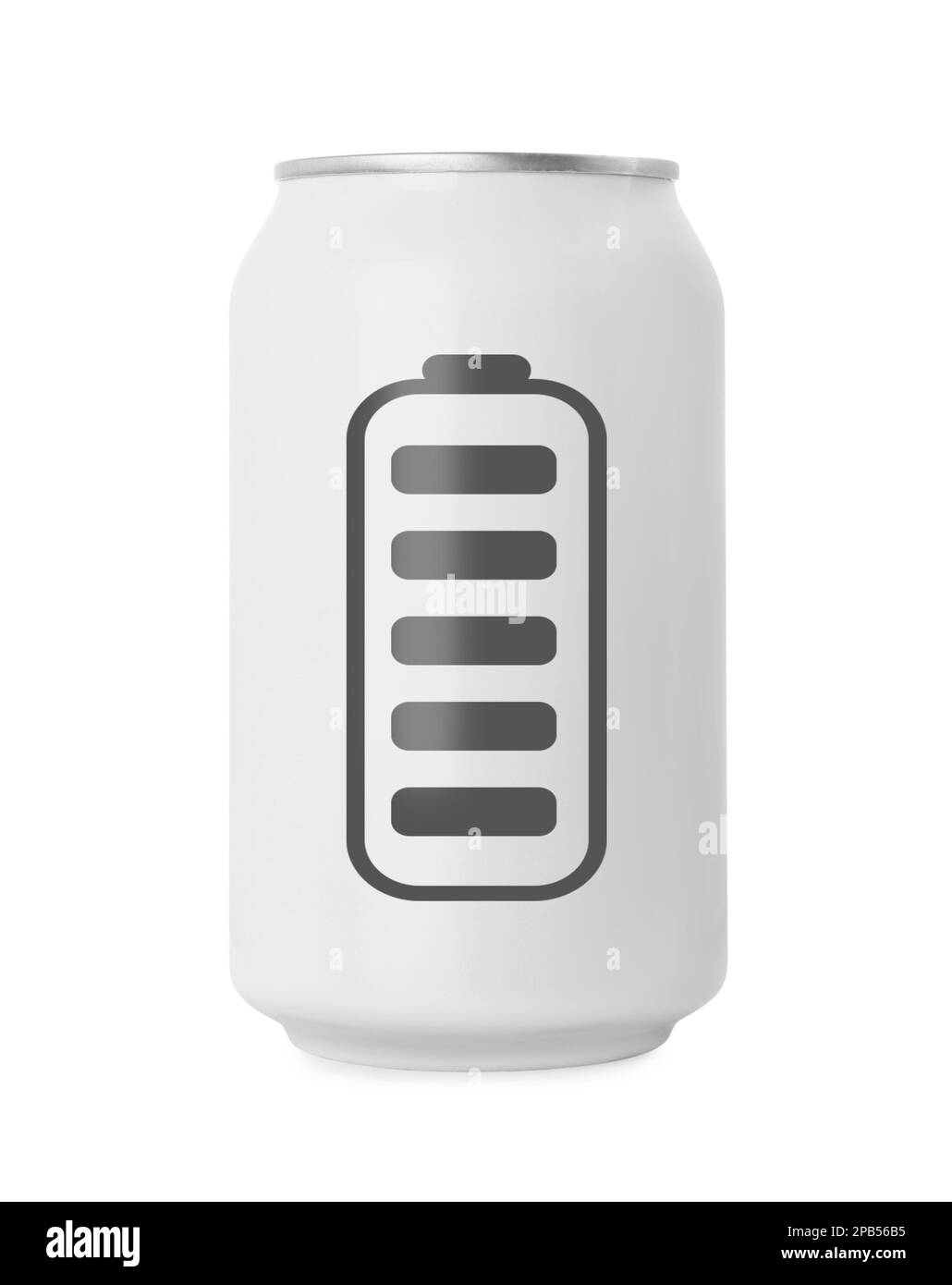 Can of energy drink with picture of fully charged battery on white ...