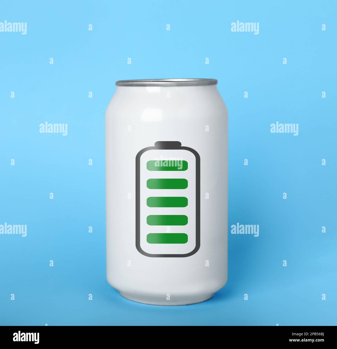 Can of energy drink with picture of fully charged battery on light blue ...