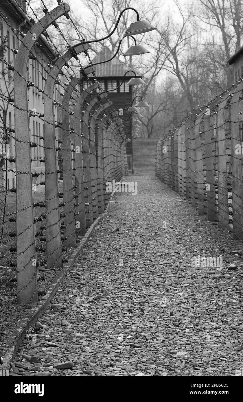 Electrified corridor at Auschwitz concentration camp in Poland Stock ...