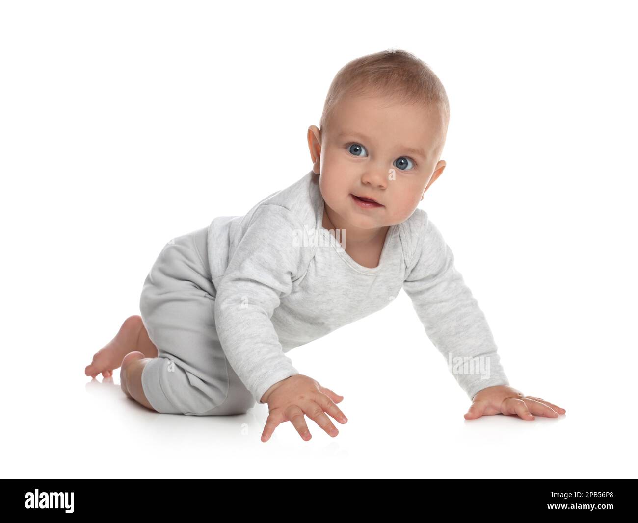 Cute little baby crawling on white background Stock Photo - Alamy