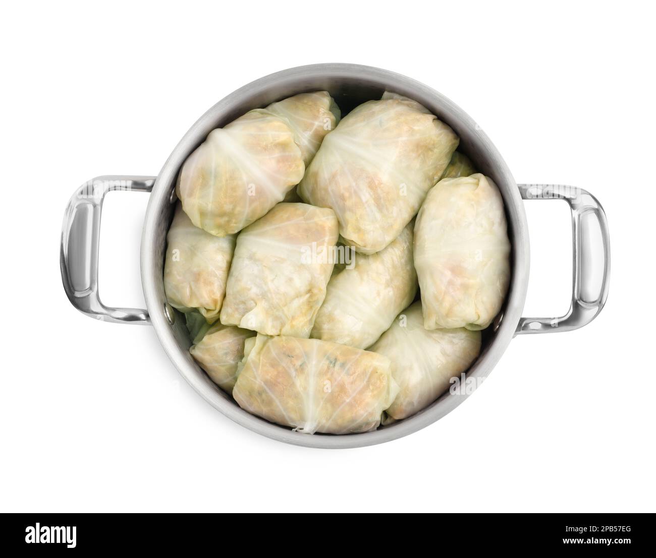 Stuffed cabbage rolls in pot isolated on white, top view Stock Photo ...